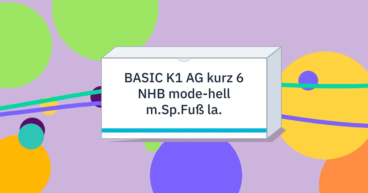 Symbolbild: Packung mit der Aufschrift BASIC K1 AG kurz 6 NHB mode-hell m.Sp.Fuß la. (PZN 20261837) – Verfügbarkeit und Bezug in Apotheken in Frankfurt am Main