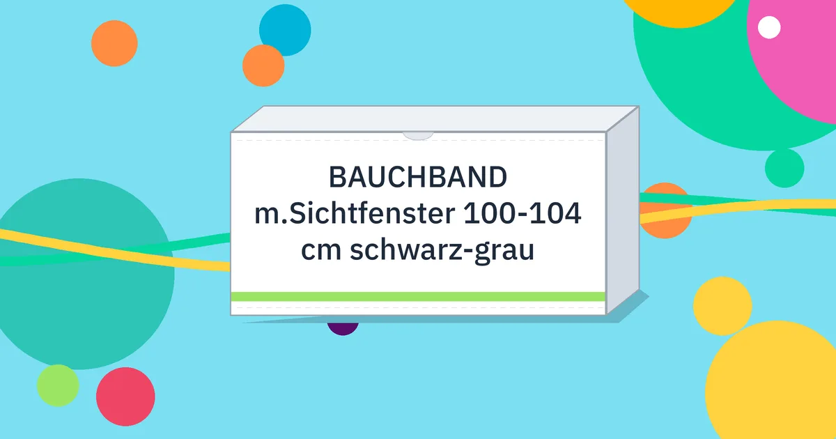 Symbolbild: Packung mit der Aufschrift BAUCHBAND m.Sichtfenster 100-104 cm schwarz-grau (PZN 17837937) – Verfügbarkeit und Bezug in Apotheken in Frankfurt am Main