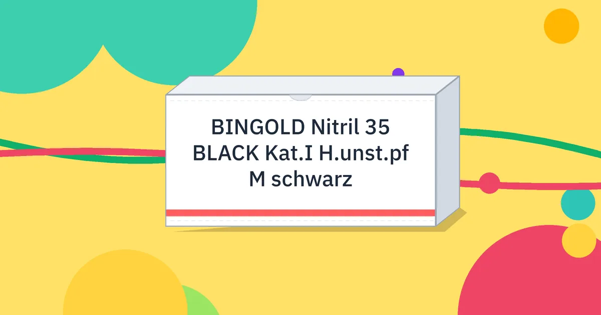 Symbolbild: Packung mit der Aufschrift BINGOLD Nitril 35 BLACK Kat.I H.unst.pf M schwarz (PZN 19472434) – Verfügbarkeit und Bezug in Apotheken in Frankfurt am Main