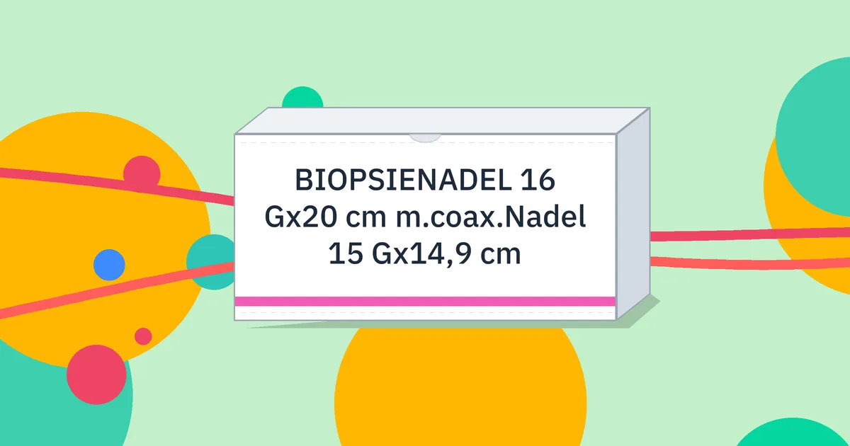 Symbolbild: Packung mit der Aufschrift BIOPSIENADEL 16 Gx20 cm m.coax.Nadel 15 Gx14,9 cm (PZN 12570889) – Verfügbarkeit und Bezug in Apotheken in Frankfurt am Main