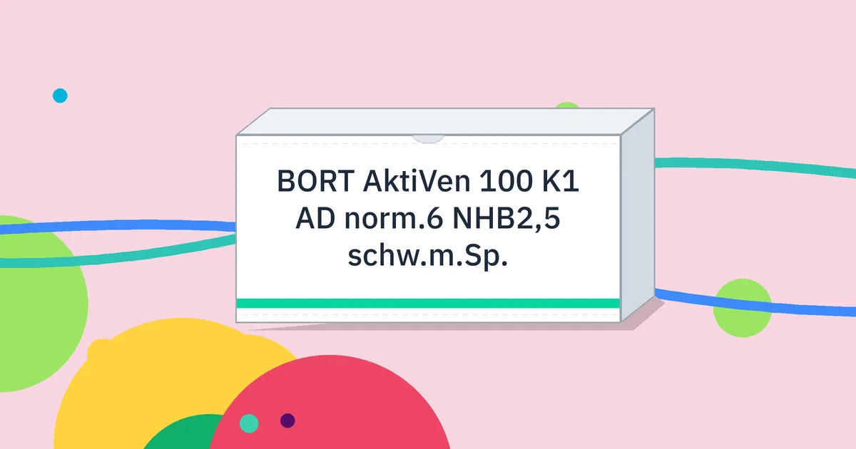 Symbolbild: Packung mit der Aufschrift BORT AktiVen 100 K1 AD norm.6 NHB2,5 schw.m.Sp. (PZN 17502148) – Verfügbarkeit und Bezug in Apotheken in Frankfurt am Main
