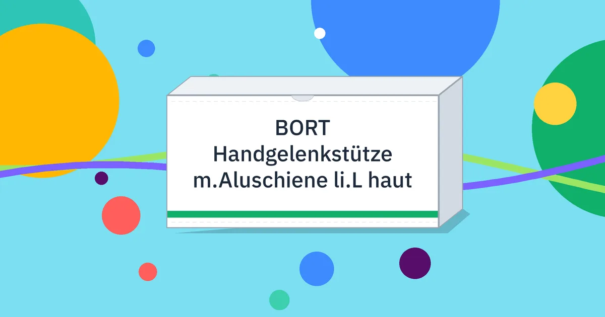 Symbolbild: Packung mit der Aufschrift BORT Handgelenkstütze m.Aluschiene li.L haut (PZN 02688064) – Verfügbarkeit und Bezug in Apotheken in Frankfurt am Main