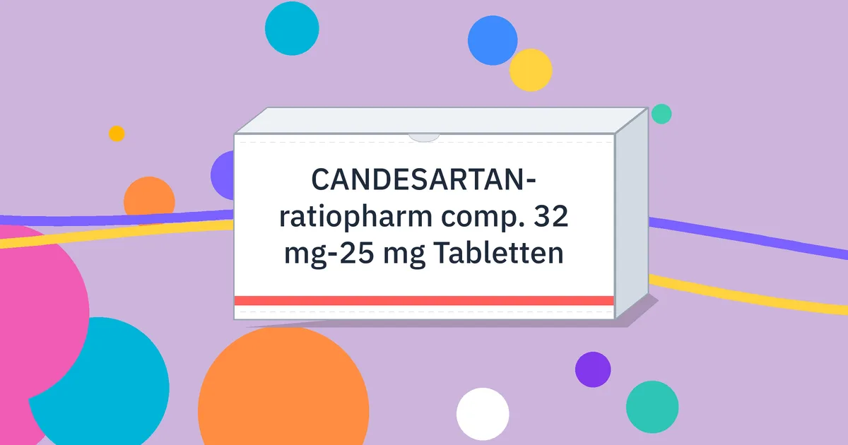 Symbolbild: Packung mit der Aufschrift CANDESARTAN-ratiopharm comp. 32 mg-25 mg Tabletten (PZN 13649469) – Verfügbarkeit und Bezug in Apotheken in Frankfurt am Main