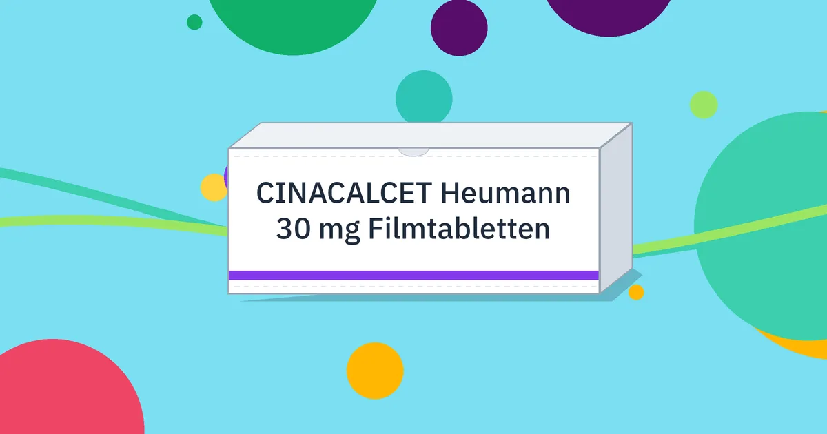 Symbolbild: Packung mit der Aufschrift CINACALCET Heumann 30 mg Filmtabletten (PZN 19405745) – Verfügbarkeit und Bezug in Apotheken in Frankfurt am Main