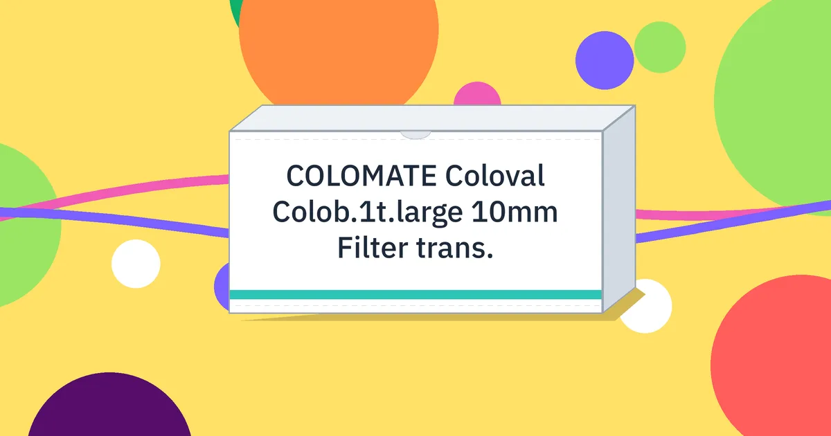 Symbolbild: Packung mit der Aufschrift COLOMATE Coloval Colob.1t.large 10mm Filter trans. (PZN 03192158) – Verfügbarkeit und Bezug in Apotheken in Frankfurt am Main