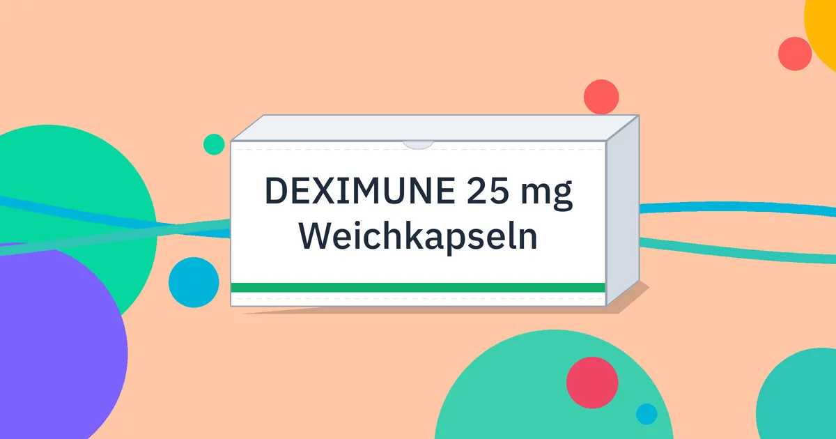 Symbolbild: Packung mit der Aufschrift DEXIMUNE 25 mg Weichkapseln (PZN 06056349) – Verfügbarkeit und Bezug in Apotheken in Frankfurt am Main