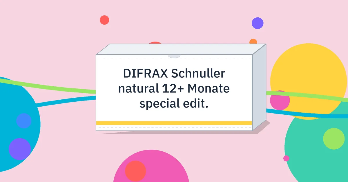 Symbolbild: Packung mit der Aufschrift DIFRAX Schnuller natural 12+ Monate special edit. (PZN 12517659) – Verfügbarkeit und Bezug in Apotheken in Frankfurt am Main