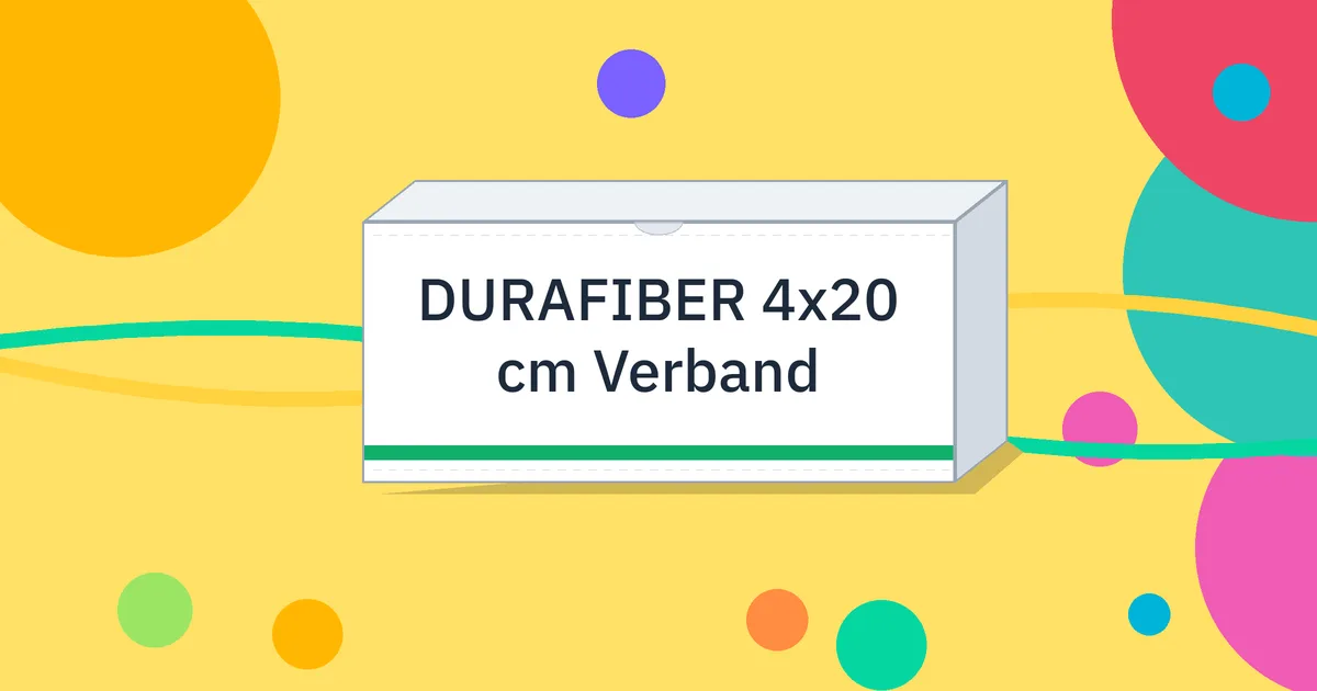 Symbolbild: Packung mit der Aufschrift DURAFIBER 4x20 cm Verband (PZN 00976439) – Verfügbarkeit und Bezug in Apotheken in Frankfurt am Main