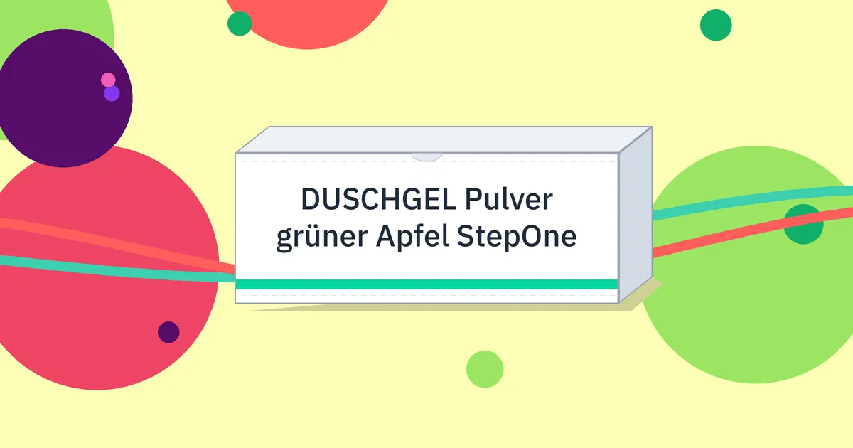 Symbolbild: Packung mit der Aufschrift DUSCHGEL Pulver grüner Apfel StepOne (PZN 16937921) – Verfügbarkeit und Bezug in Apotheken in Frankfurt am Main
