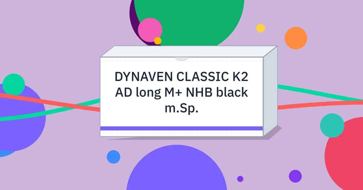 Symbolbild: Packung mit der Aufschrift DYNAVEN CLASSIC K2 AD long M+ NHB black m.Sp. (PZN 18418042) – Verfügbarkeit und Bezug in Apotheken in Frankfurt am Main