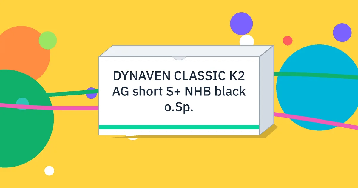 Symbolbild: Packung mit der Aufschrift DYNAVEN CLASSIC K2 AG short S+ NHB black o.Sp. (PZN 18418303) – Verfügbarkeit und Bezug in Apotheken in Frankfurt am Main