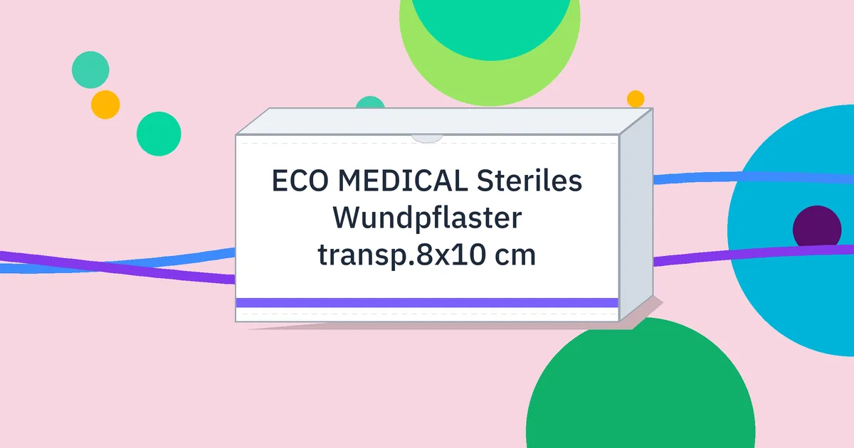 Symbolbild: Packung mit der Aufschrift ECO MEDICAL Steriles Wundpflaster transp.8x10 cm (PZN 13515214) – Verfügbarkeit und Bezug in Apotheken in Frankfurt am Main