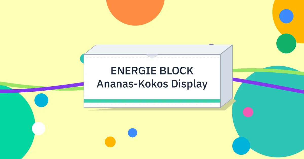 Symbolbild: Packung mit der Aufschrift ENERGIE BLOCK Ananas-Kokos Display (PZN 19688430) – Verfügbarkeit und Bezug in Apotheken in Frankfurt am Main