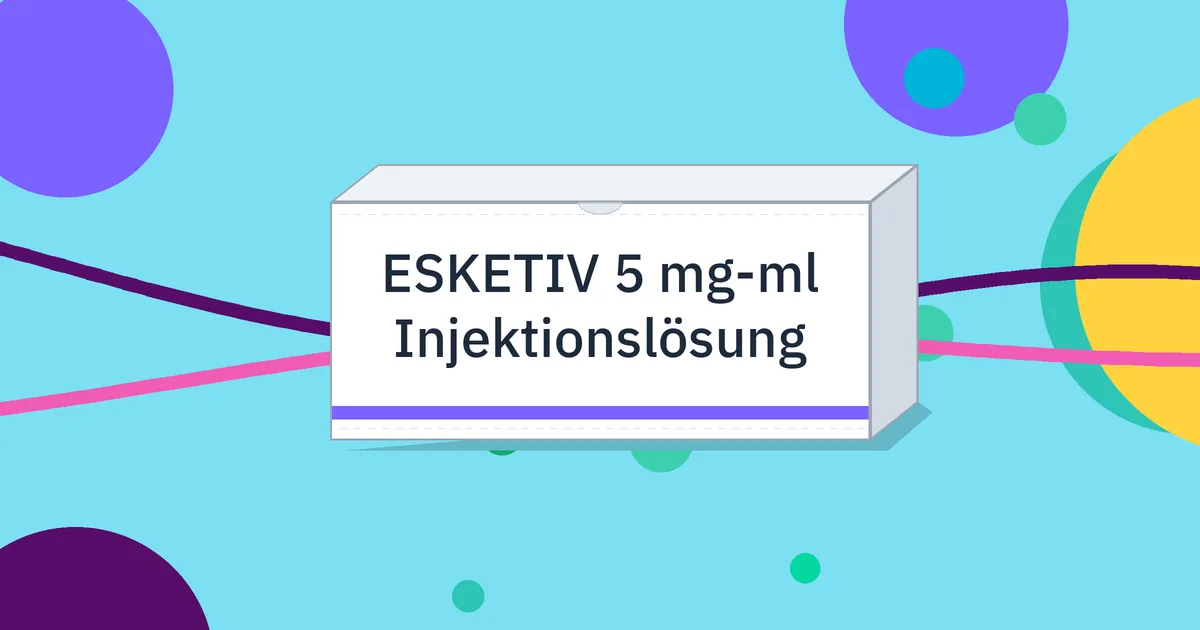 Symbolbild: Packung mit der Aufschrift ESKETIV 5 mg-ml Injektionslösung (PZN 15639297) – Verfügbarkeit und Bezug in Apotheken in Frankfurt am Main