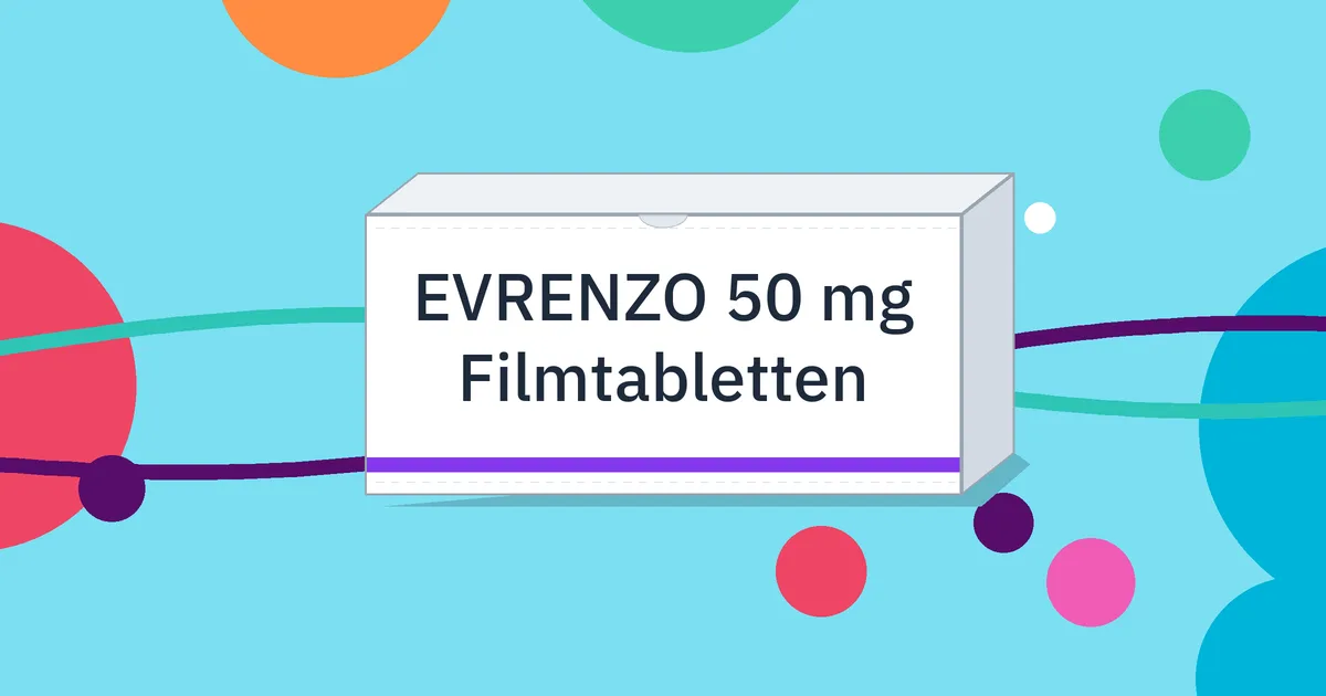 Symbolbild: Packung mit der Aufschrift EVRENZO 50 mg Filmtabletten (PZN 19781862) – Verfügbarkeit und Bezug in Apotheken in Frankfurt am Main
