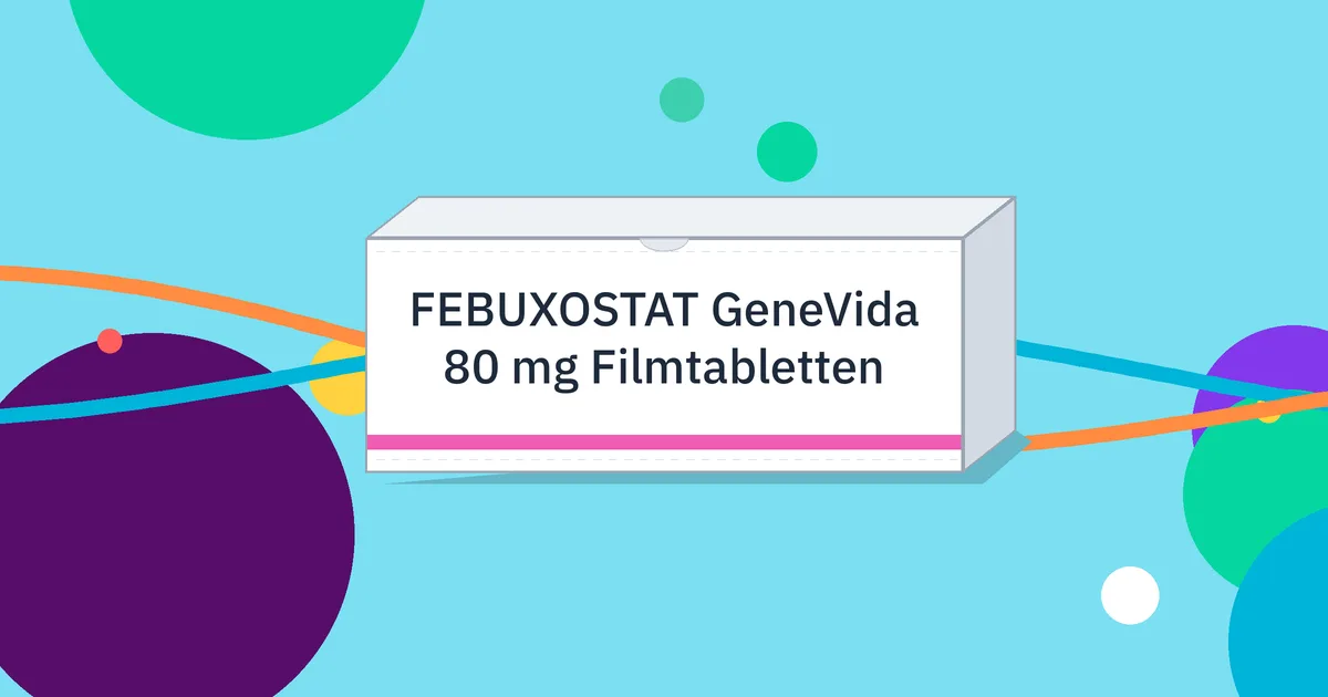 Symbolbild: Packung mit der Aufschrift FEBUXOSTAT GeneVida 80 mg Filmtabletten (PZN 15743511) – Verfügbarkeit und Bezug in Apotheken in Frankfurt am Main