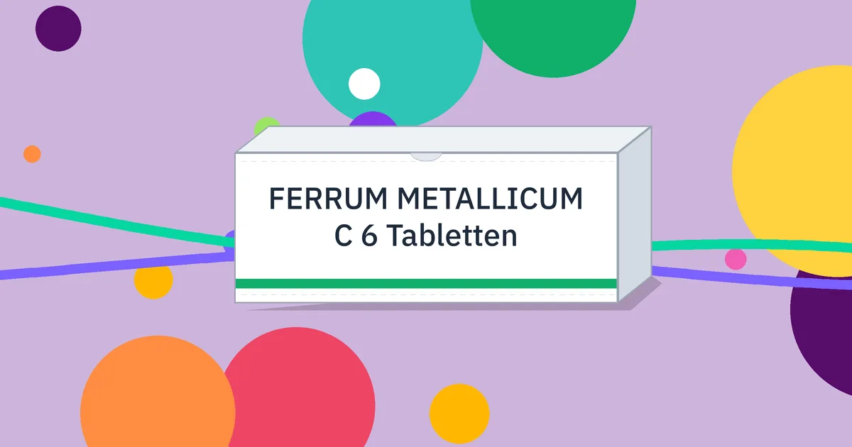 Symbolbild: Packung mit der Aufschrift FERRUM METALLICUM C 6 Tabletten (PZN 07167915) – Verfügbarkeit und Bezug in Apotheken in Frankfurt am Main