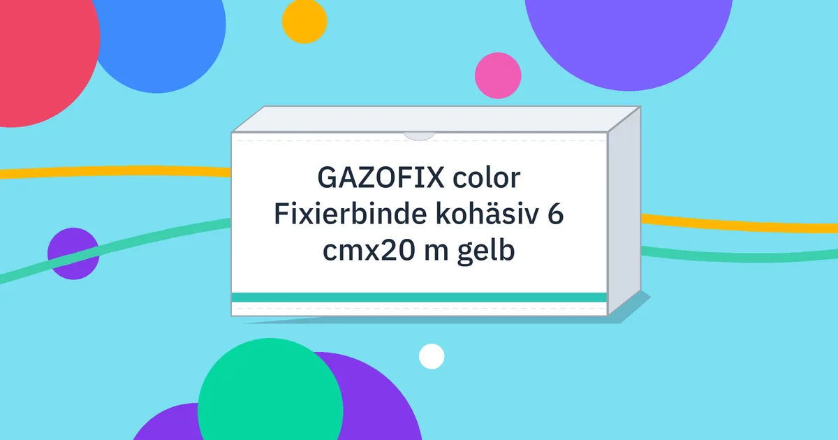 Symbolbild: Packung mit der Aufschrift GAZOFIX color Fixierbinde kohäsiv 6 cmx20 m gelb (PZN 19882586) – Verfügbarkeit und Bezug in Apotheken in Frankfurt am Main
