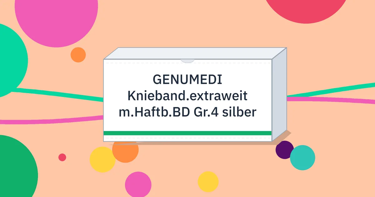 Symbolbild: Packung mit der Aufschrift GENUMEDI Knieband.extraweit m.Haftb.BD Gr.4 silber (PZN 18779739) – Verfügbarkeit und Bezug in Apotheken in Frankfurt am Main