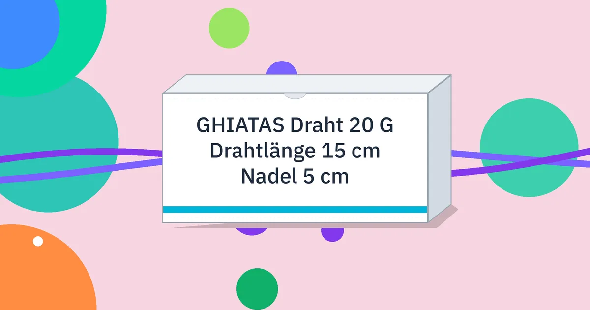Symbolbild: Packung mit der Aufschrift GHIATAS Draht 20 G Drahtlänge 15 cm Nadel 5 cm (PZN 03566127) – Verfügbarkeit und Bezug in Apotheken in Frankfurt am Main