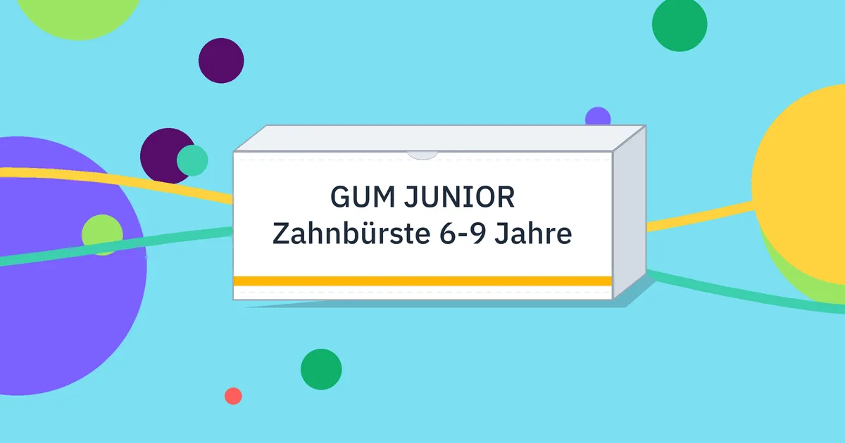 Symbolbild: Packung mit der Aufschrift GUM JUNIOR Zahnbürste 6-9 Jahre (PZN 16914021) – Verfügbarkeit und Bezug in Apotheken in Frankfurt am Main