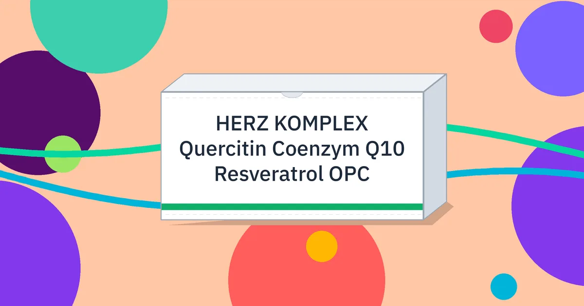 Symbolbild: Packung mit der Aufschrift HERZ KOMPLEX Quercitin Coenzym Q10 Resveratrol OPC (PZN 20869065) – Verfügbarkeit und Bezug in Apotheken in Frankfurt am Main
