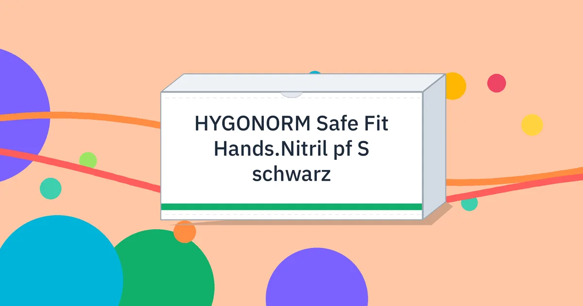 Symbolbild: Packung mit der Aufschrift HYGONORM Safe Fit Hands.Nitril pf S schwarz (PZN 20775246) – Verfügbarkeit und Bezug in Apotheken in Frankfurt am Main