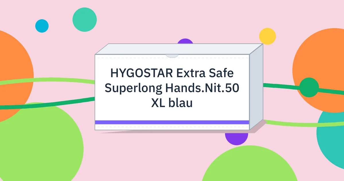 Symbolbild: Packung mit der Aufschrift HYGOSTAR Extra Safe Superlong Hands.Nit.50 XL blau (PZN 20772064) – Verfügbarkeit und Bezug in Apotheken in Frankfurt am Main