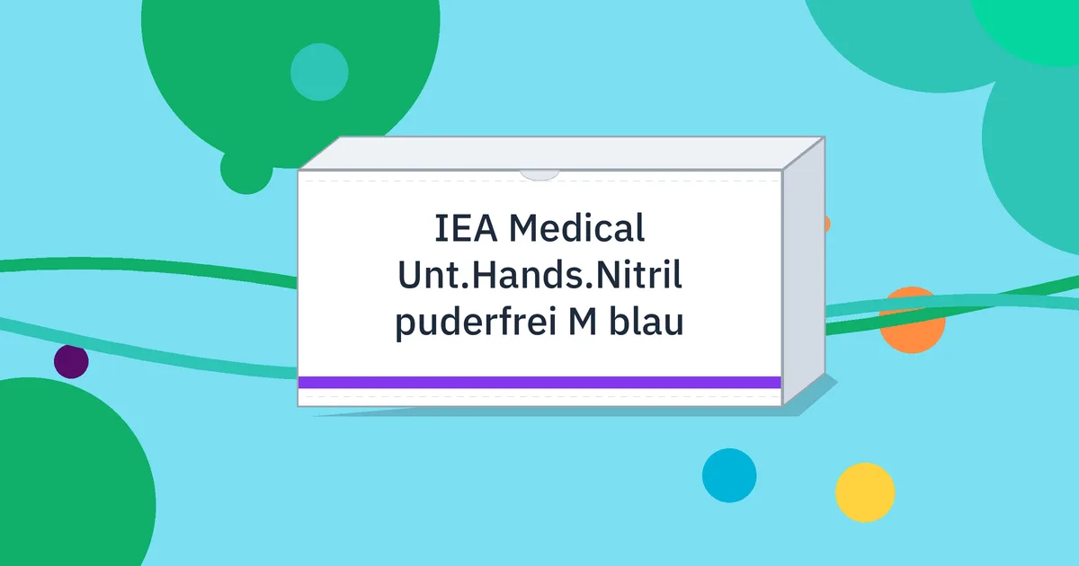 Symbolbild: Packung mit der Aufschrift IEA Medical Unt.Hands.Nitril puderfrei M blau (PZN 18742127) – Verfügbarkeit und Bezug in Apotheken in Frankfurt am Main
