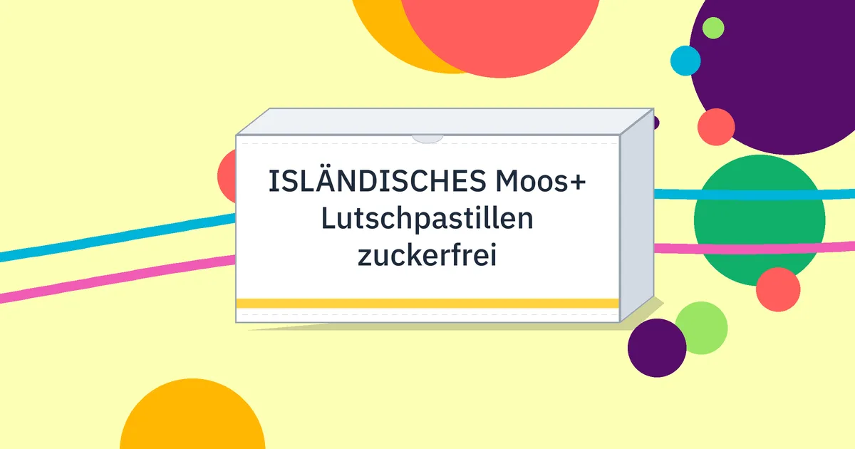 Symbolbild: Packung mit der Aufschrift ISLÄNDISCHES Moos+ Lutschpastillen zuckerfrei (PZN 18168272) – Verfügbarkeit und Bezug in Apotheken in Frankfurt am Main