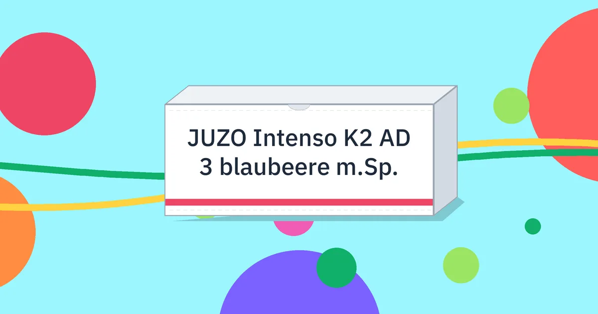 Symbolbild: Packung mit der Aufschrift JUZO Intenso K2 AD 3 blaubeere m.Sp. (PZN 18606306) – Verfügbarkeit und Bezug in Apotheken in Frankfurt am Main