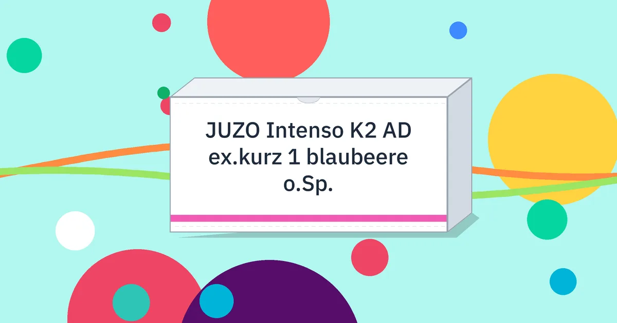 Symbolbild: Packung mit der Aufschrift JUZO Intenso K2 AD ex.kurz 1 blaubeere o.Sp. (PZN 18618634) – Verfügbarkeit und Bezug in Apotheken in Frankfurt am Main