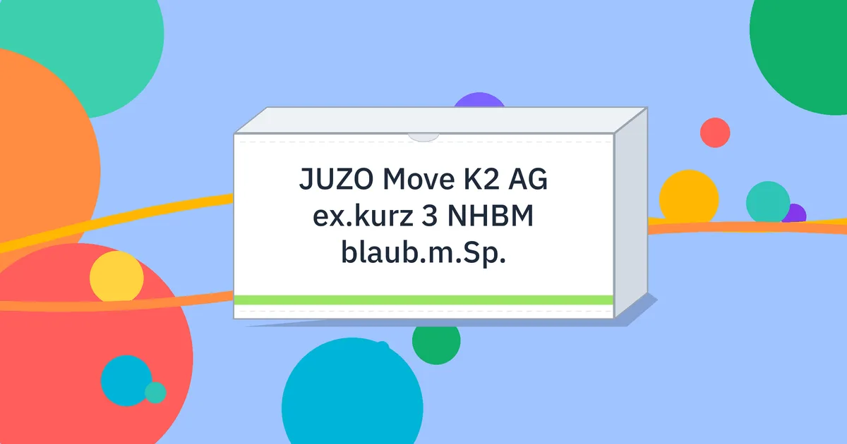 Symbolbild: Packung mit der Aufschrift JUZO Move K2 AG ex.kurz 3 NHBM blaub.m.Sp. (PZN 18562773) – Verfügbarkeit und Bezug in Apotheken in Frankfurt am Main