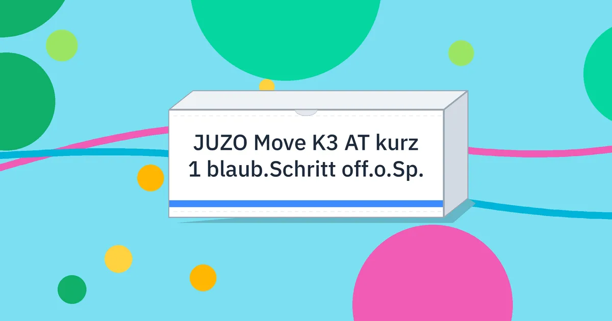 Symbolbild: Packung mit der Aufschrift JUZO Move K3 AT kurz 1 blaub.Schritt off.o.Sp. (PZN 20685230) – Verfügbarkeit und Bezug in Apotheken in Frankfurt am Main