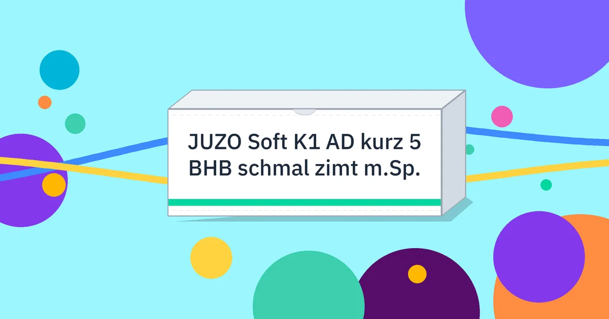 Symbolbild: Packung mit der Aufschrift JUZO Soft K1 AD kurz 5 BHB schmal zimt m.Sp. (PZN 15461592) – Verfügbarkeit und Bezug in Apotheken in Frankfurt am Main