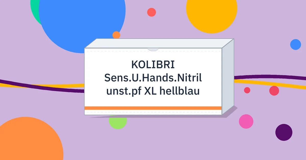 Symbolbild: Packung mit der Aufschrift KOLIBRI Sens.U.Hands.Nitril unst.pf XL hellblau (PZN 19884823) – Verfügbarkeit und Bezug in Apotheken in Frankfurt am Main