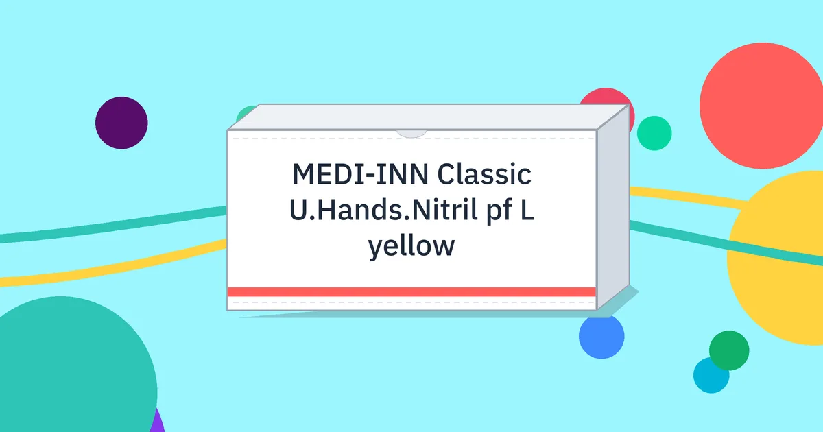 Symbolbild: Packung mit der Aufschrift MEDI-INN Classic U.Hands.Nitril pf L yellow (PZN 18445518) – Verfügbarkeit und Bezug in Apotheken in Frankfurt am Main