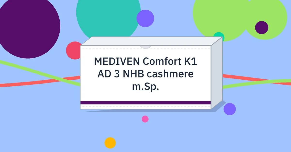 Symbolbild: Packung mit der Aufschrift MEDIVEN Comfort K1 AD 3 NHB cashmere m.Sp. (PZN 14659062) – Verfügbarkeit und Bezug in Apotheken in Frankfurt am Main