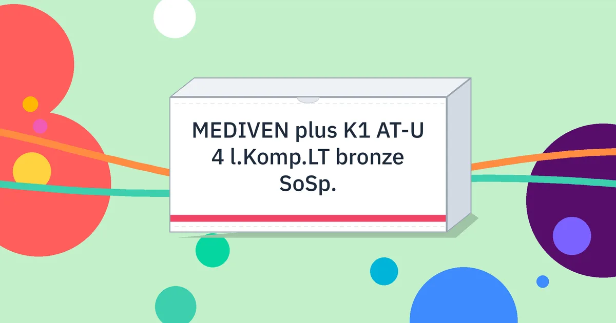 Symbolbild: Packung mit der Aufschrift MEDIVEN plus K1 AT-U 4 l.Komp.LT bronze SoSp. (PZN 15033761) – Verfügbarkeit und Bezug in Apotheken in Frankfurt am Main