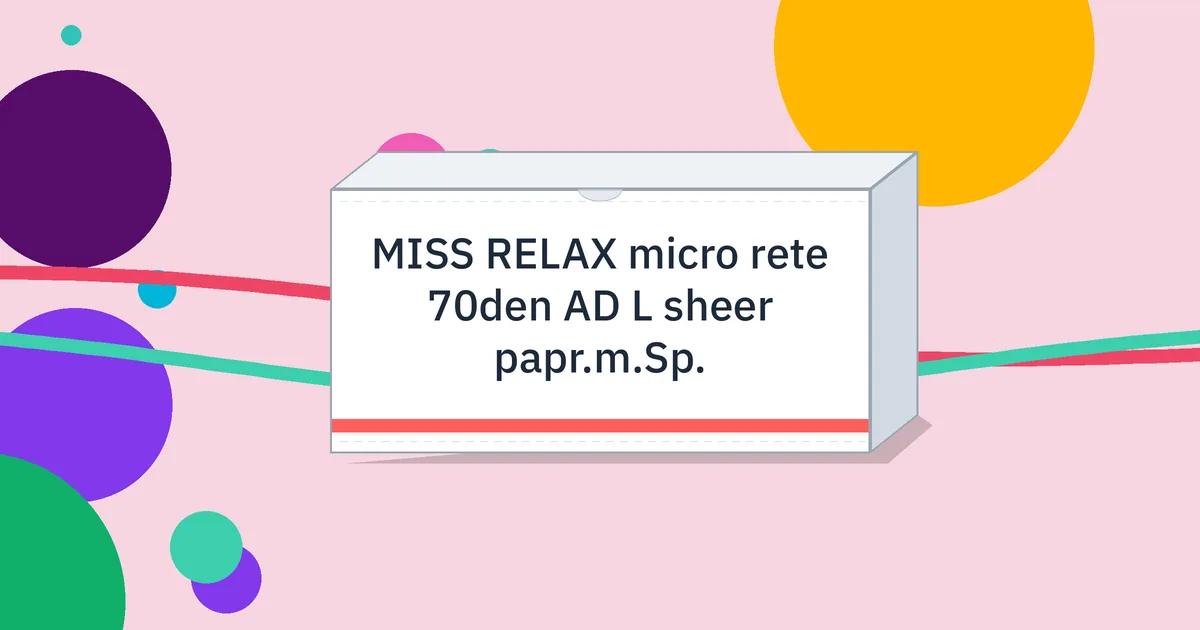 Symbolbild: Packung mit der Aufschrift MISS RELAX micro rete 70den AD L sheer papr.m.Sp. (PZN 16183422) – Verfügbarkeit und Bezug in Apotheken in Frankfurt am Main