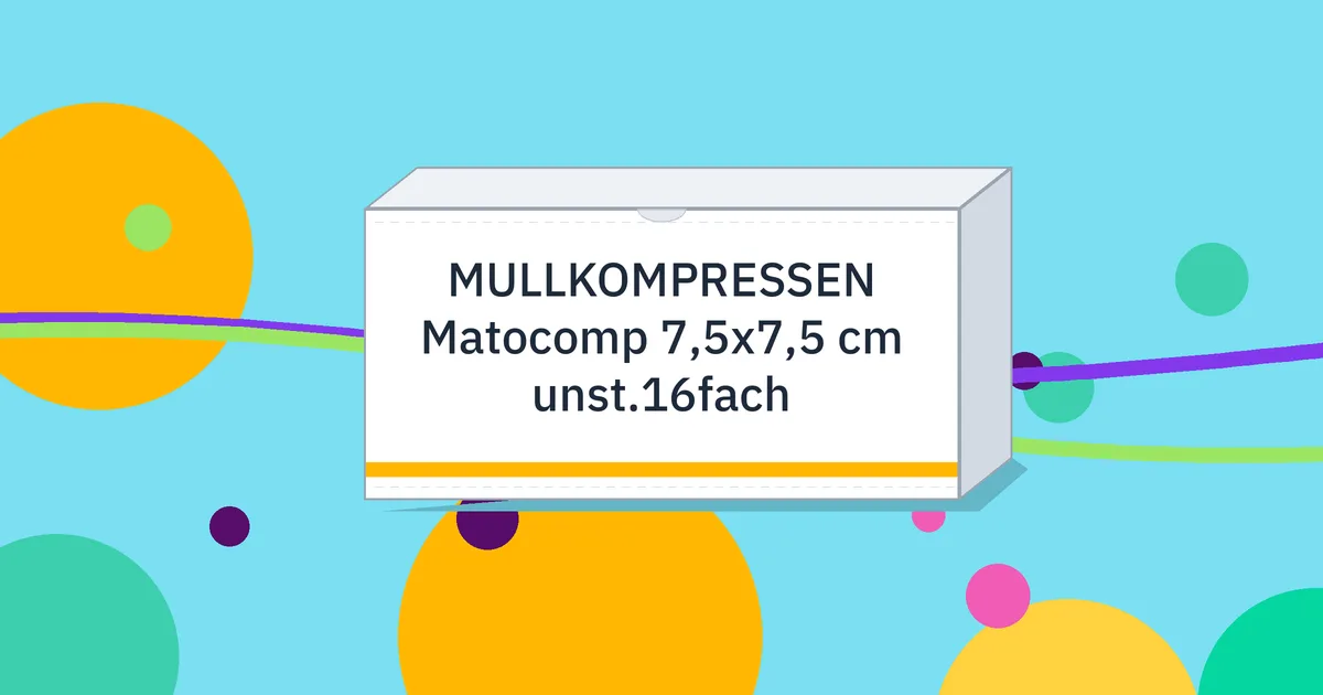 Symbolbild: Packung mit der Aufschrift MULLKOMPRESSEN Matocomp 7,5x7,5 cm unst.16fach (PZN 03377774) – Verfügbarkeit und Bezug in Apotheken in Frankfurt am Main