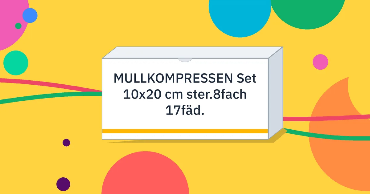 Symbolbild: Packung mit der Aufschrift MULLKOMPRESSEN Set 10x20 cm ster.8fach 17fäd. (PZN 06929808) – Verfügbarkeit und Bezug in Apotheken in Frankfurt am Main