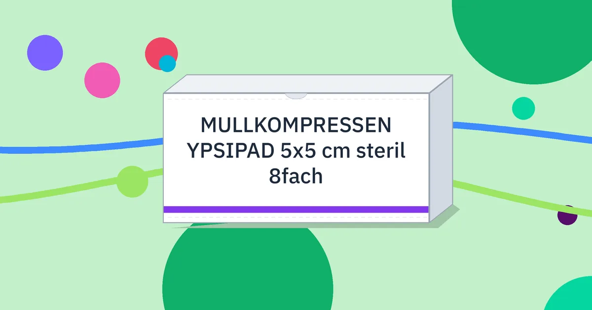 Symbolbild: Packung mit der Aufschrift MULLKOMPRESSEN YPSIPAD 5x5 cm steril 8fach (PZN 03214919) – Verfügbarkeit und Bezug in Apotheken in Frankfurt am Main