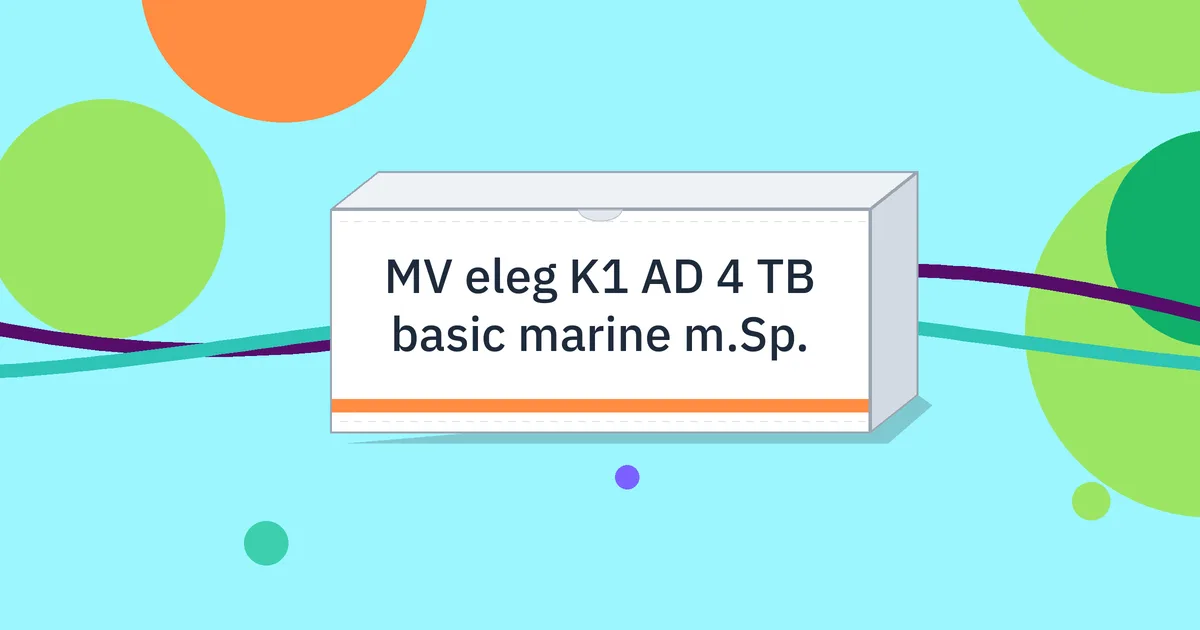Symbolbild: Packung mit der Aufschrift MV eleg K1 AD 4 TB basic marine m.Sp. (PZN 14585145) – Verfügbarkeit und Bezug in Apotheken in Frankfurt am Main