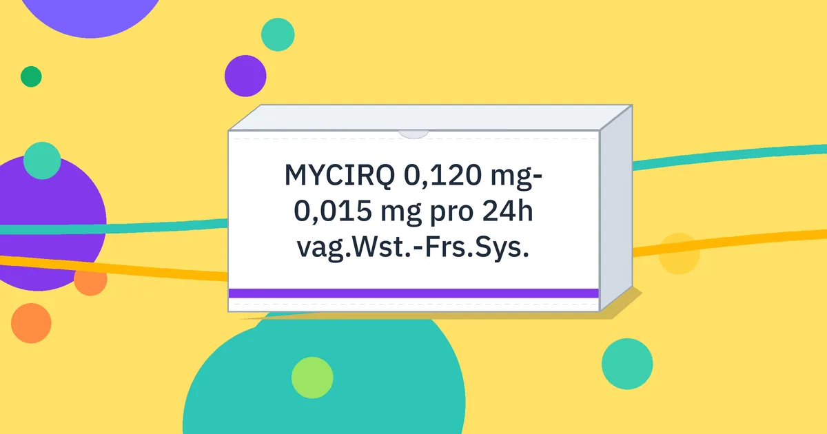Symbolbild: Packung mit der Aufschrift MYCIRQ 0,120 mg-0,015 mg pro 24h vag.Wst.-Frs.Sys. (PZN 16139823) – Verfügbarkeit und Bezug in Apotheken in Frankfurt am Main