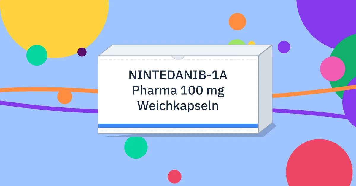 Symbolbild: Packung mit der Aufschrift NINTEDANIB-1A Pharma 100 mg Weichkapseln (PZN 19720010) – Verfügbarkeit und Bezug in Apotheken in Frankfurt am Main