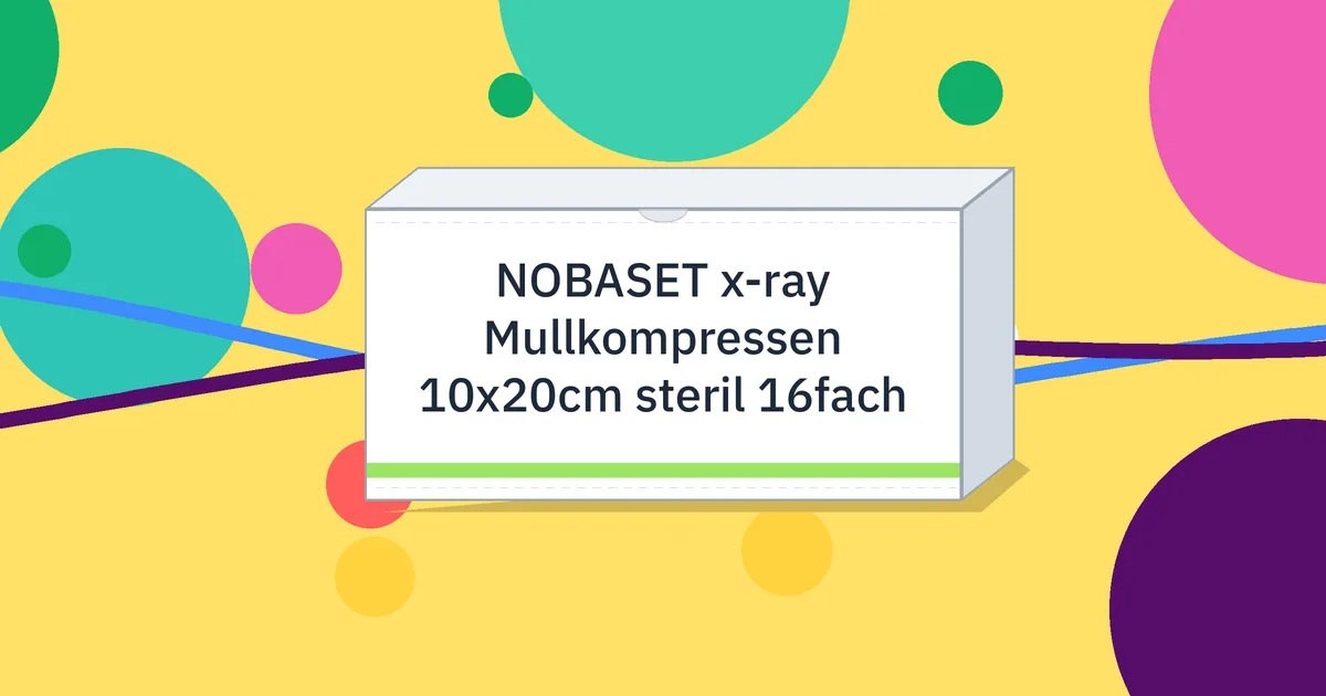 Symbolbild: Packung mit der Aufschrift NOBASET x-ray Mullkompressen 10x20cm steril 16fach (PZN 17670118) – Verfügbarkeit und Bezug in Apotheken in Frankfurt am Main
