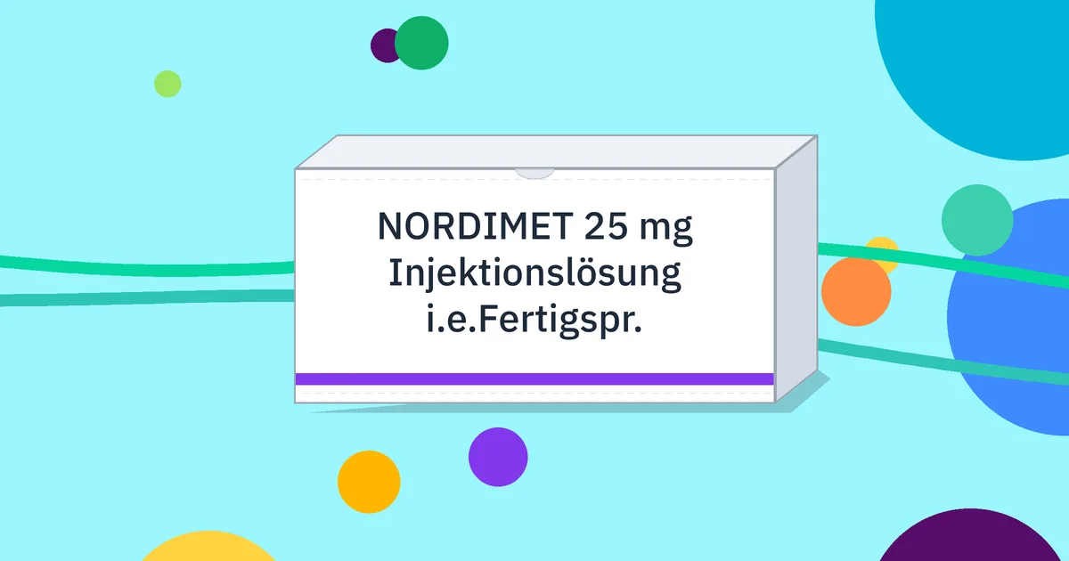 Symbolbild: Packung mit der Aufschrift NORDIMET 25 mg Injektionslösung i.e.Fertigspr. (PZN 15265052) – Verfügbarkeit und Bezug in Apotheken in Frankfurt am Main