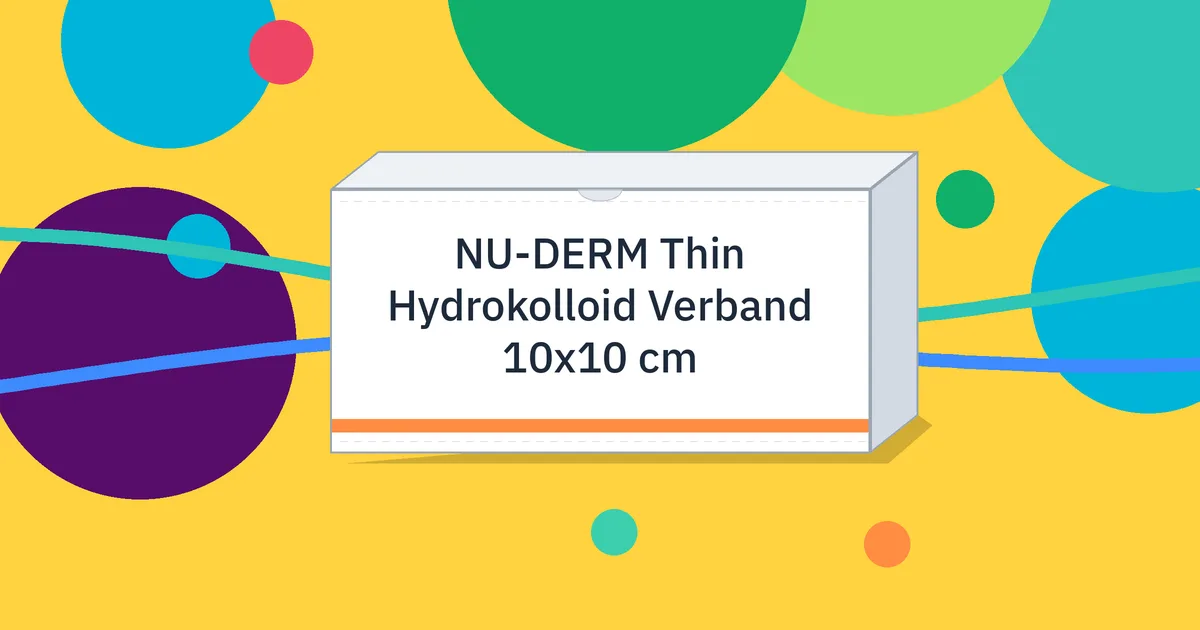 Symbolbild: Packung mit der Aufschrift NU-DERM Thin Hydrokolloid Verband 10x10 cm (PZN 04739908) – Verfügbarkeit und Bezug in Apotheken in Frankfurt am Main
