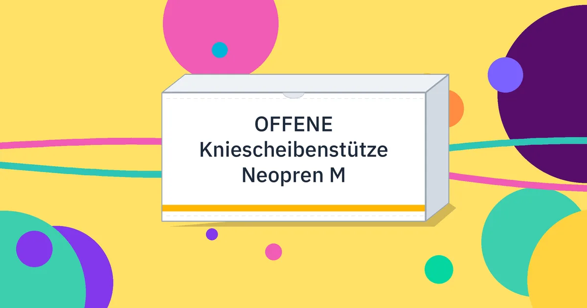 Symbolbild: Packung mit der Aufschrift OFFENE Kniescheibenstütze Neopren M (PZN 19071385) – Verfügbarkeit und Bezug in Apotheken in Frankfurt am Main